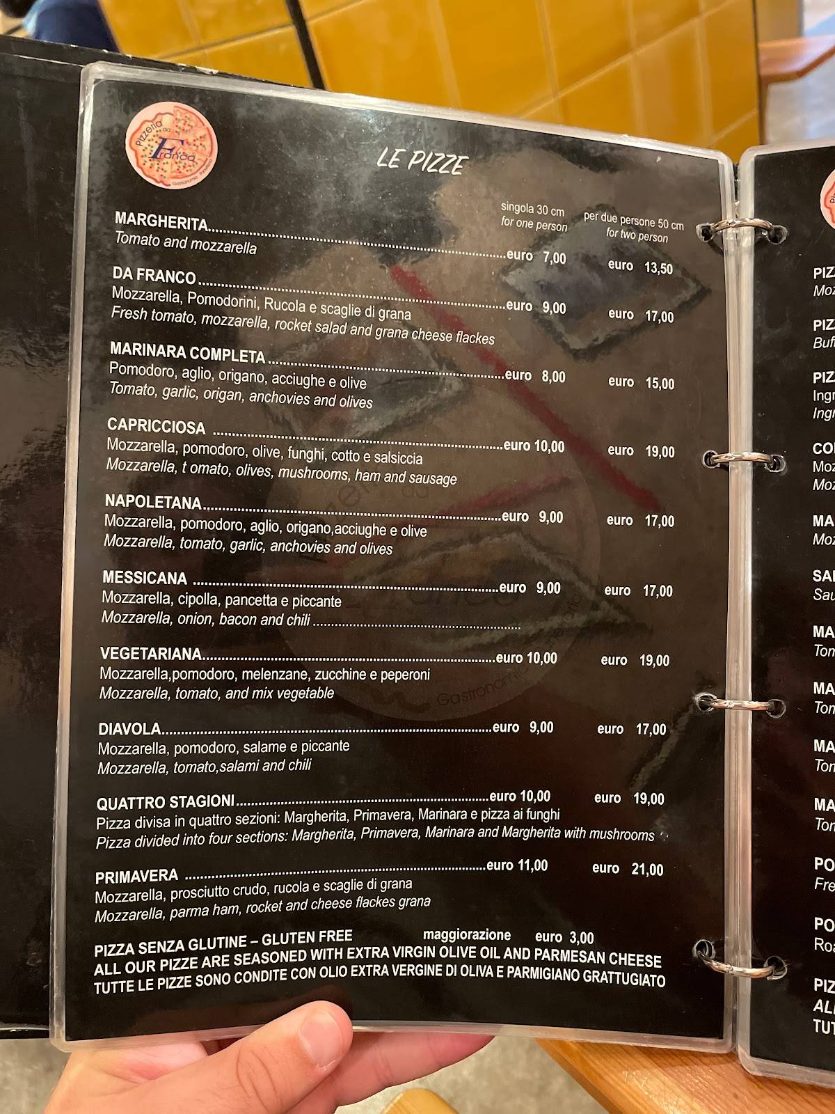Menu at Pizzeria da Franco, Sorrento, Corso Italia