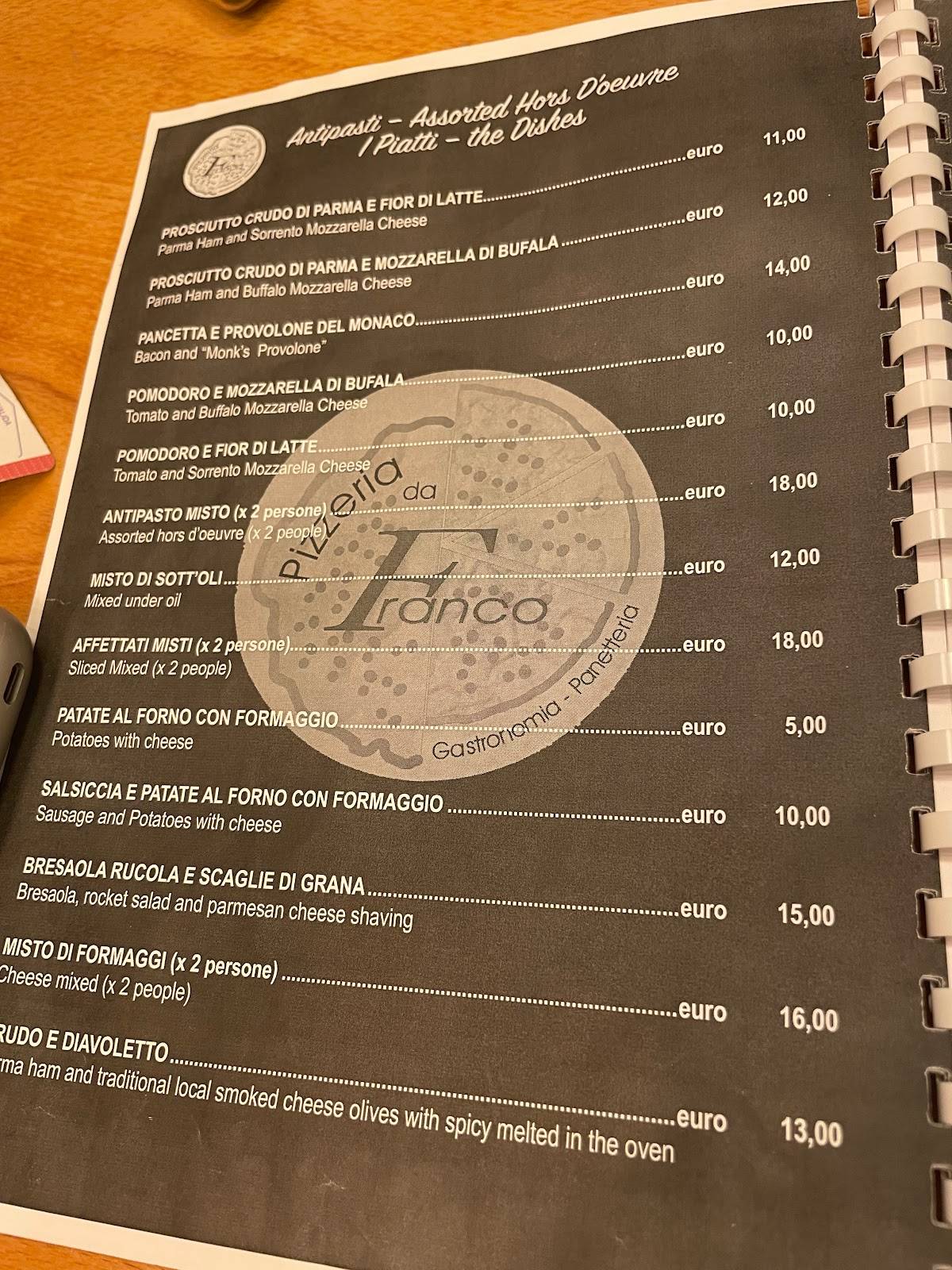 Menu at Pizzeria da Franco, Sorrento, Corso Italia