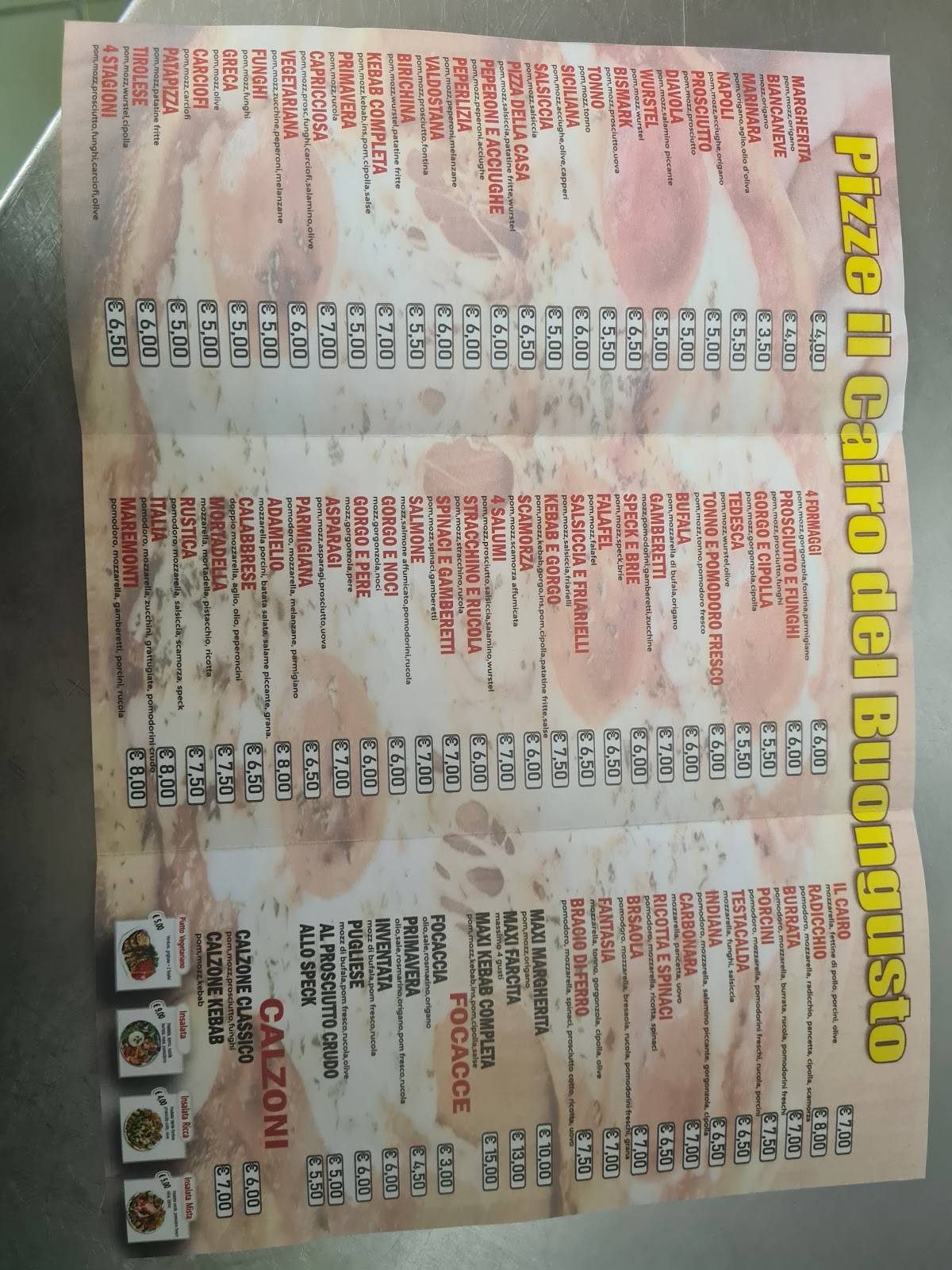 Carta de Pizzeria il Cairo kebab via Torino 24, Vigone