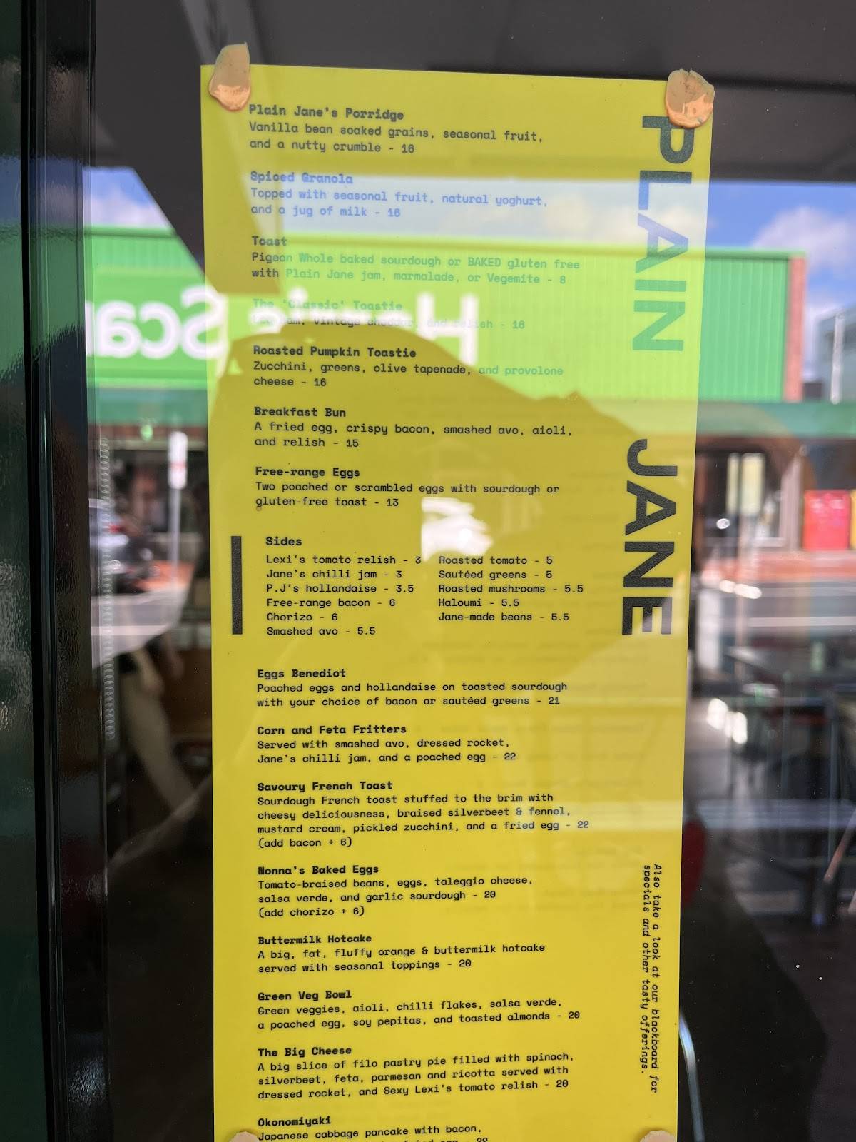 Menu at Plain Jane cafe, Moonah