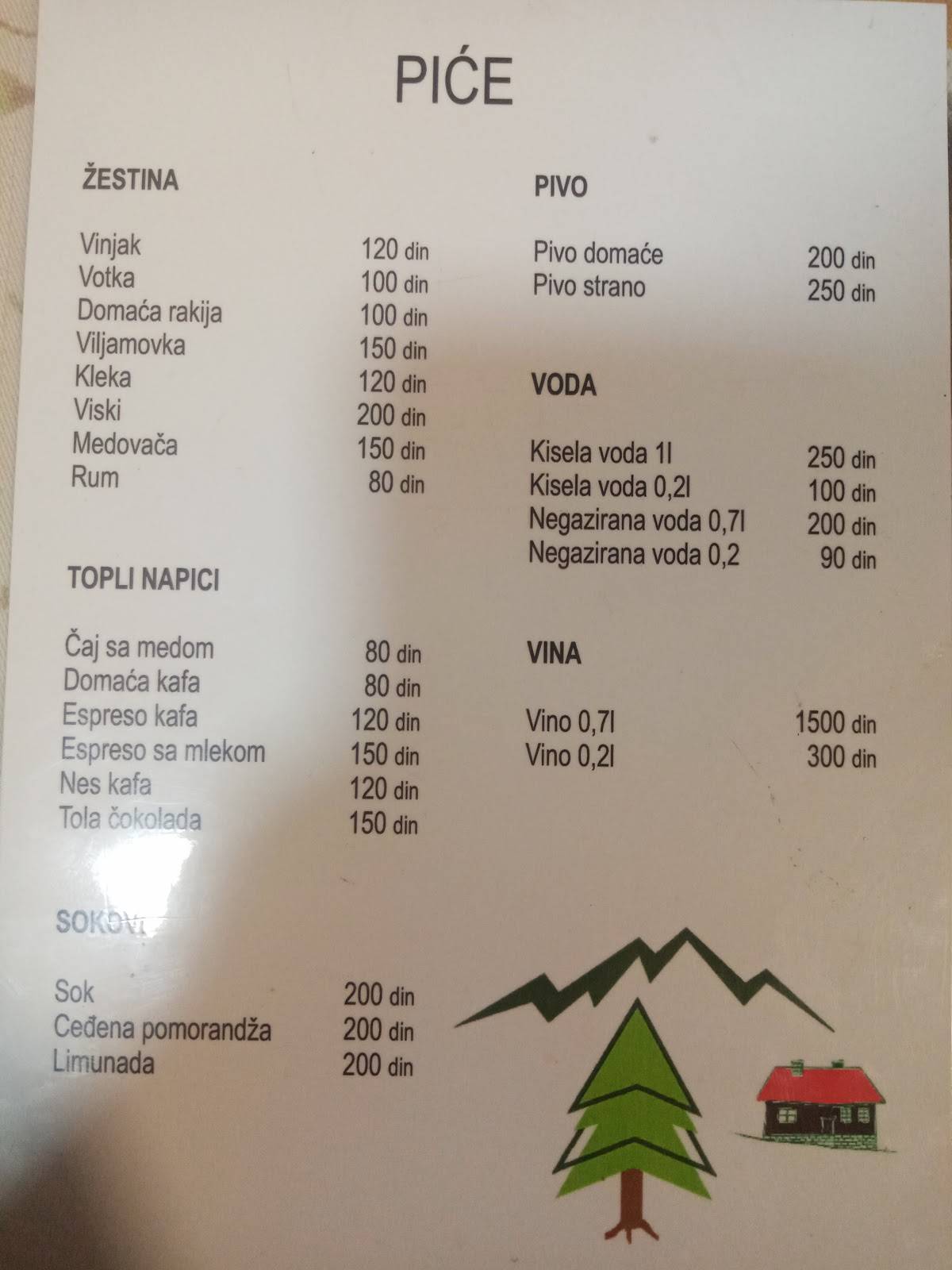 Menu au Planinski Restoran restaurant, Zlatibor