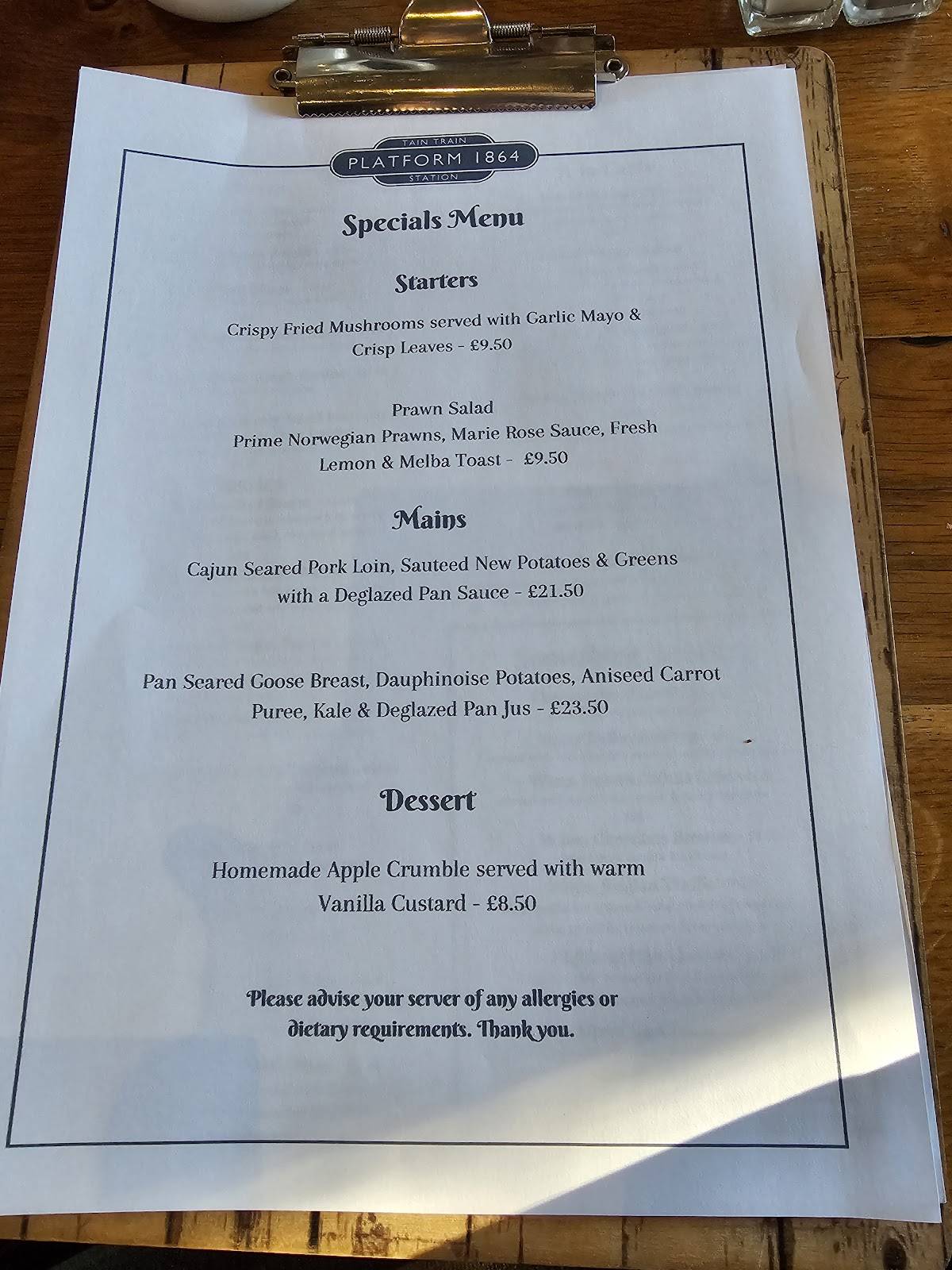 Menu at Platform 1864 pub & bar, Tain