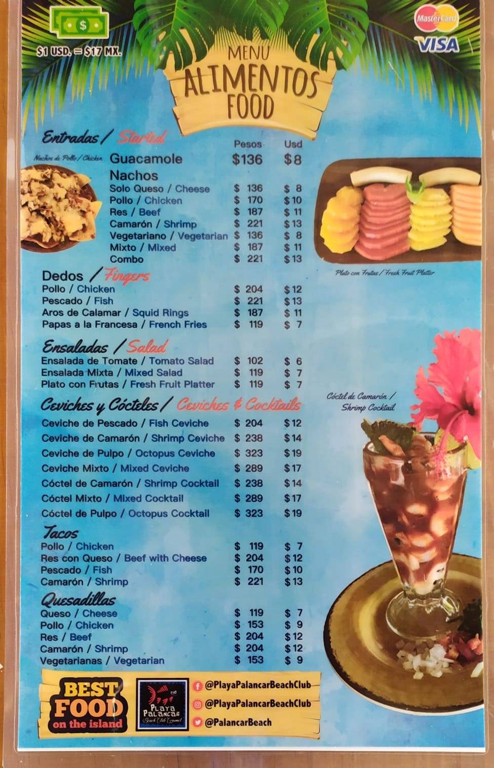 Menu at Playa Palancar Cozumel Beach Club, Mexico