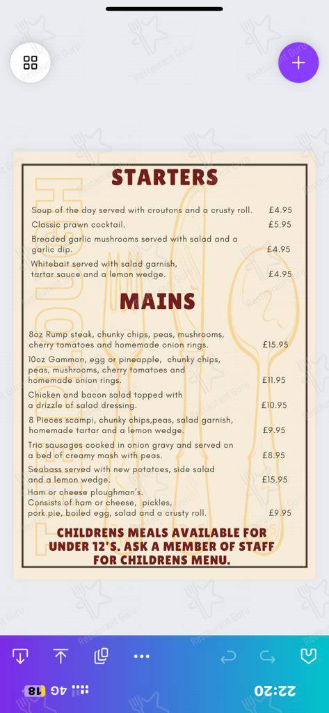 Menu at The Plough Great Clacton pub & bar, Clacton-on-Sea