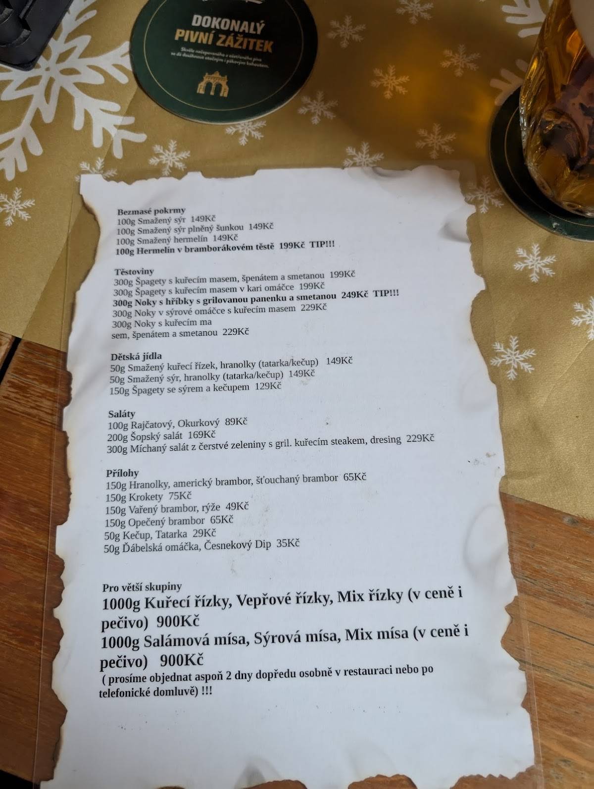 Menu at Plzeňský Trpaslík restaurant, Pilsen