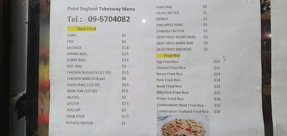 Menu at Point England Takeaway restaurant, Auckland