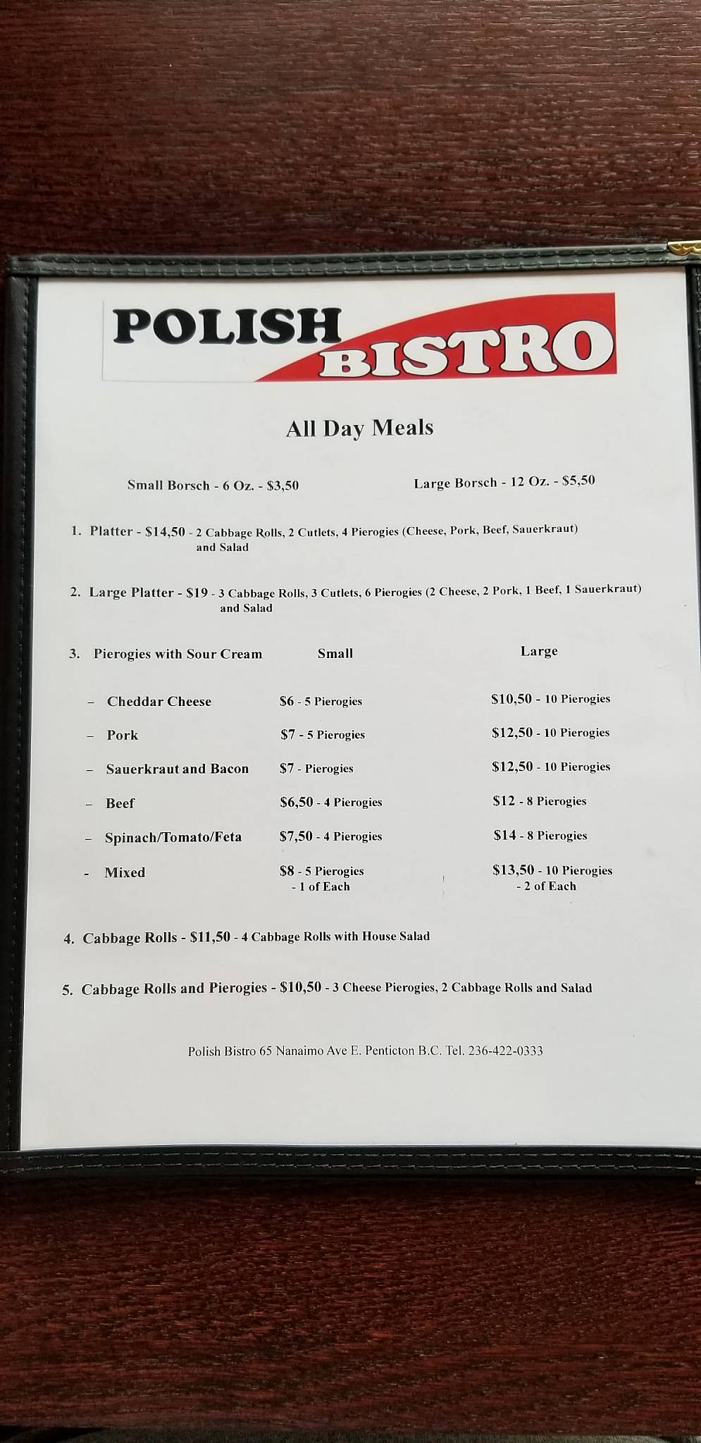 Menu at Polish Bistro restaurant, Penticton