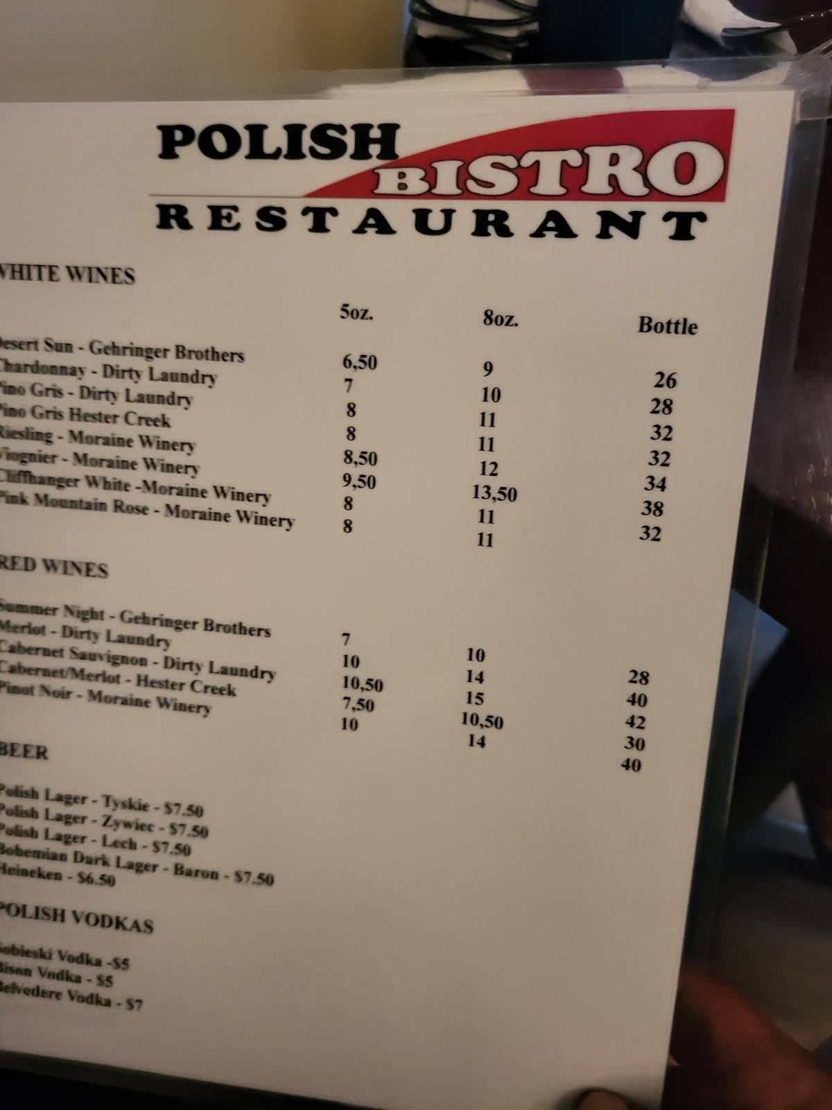 Menu au Polish Bistro restaurant, Penticton