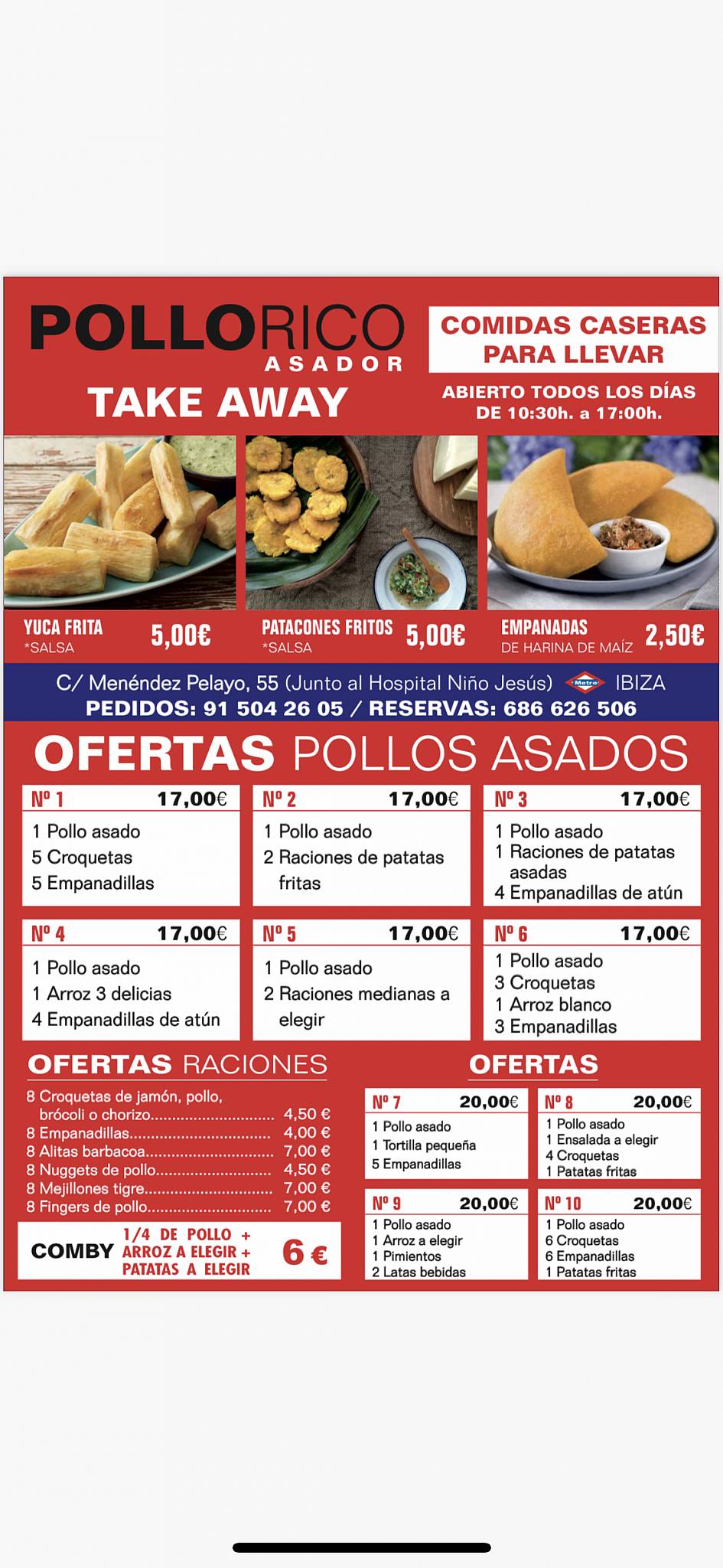 Carta del restaurante Pollo Rico Asador, Madrid, Av. del Menéndez Pelayo