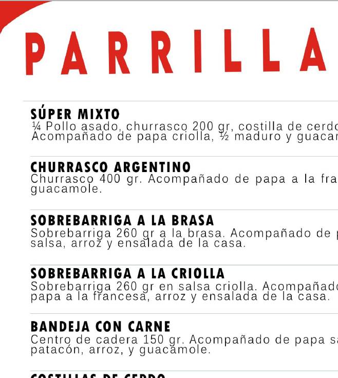 Menu at Pollo Unico restaurant, Bogotá, Ac. 44 Sur #41