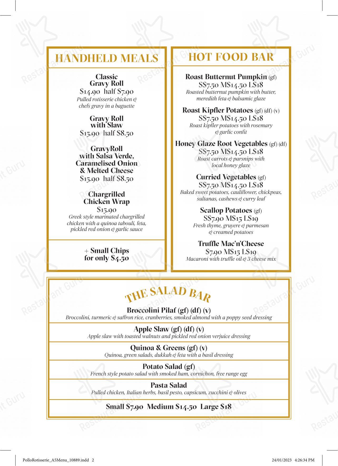 Menu at Pollo rotisserie restaurant, Geelong West