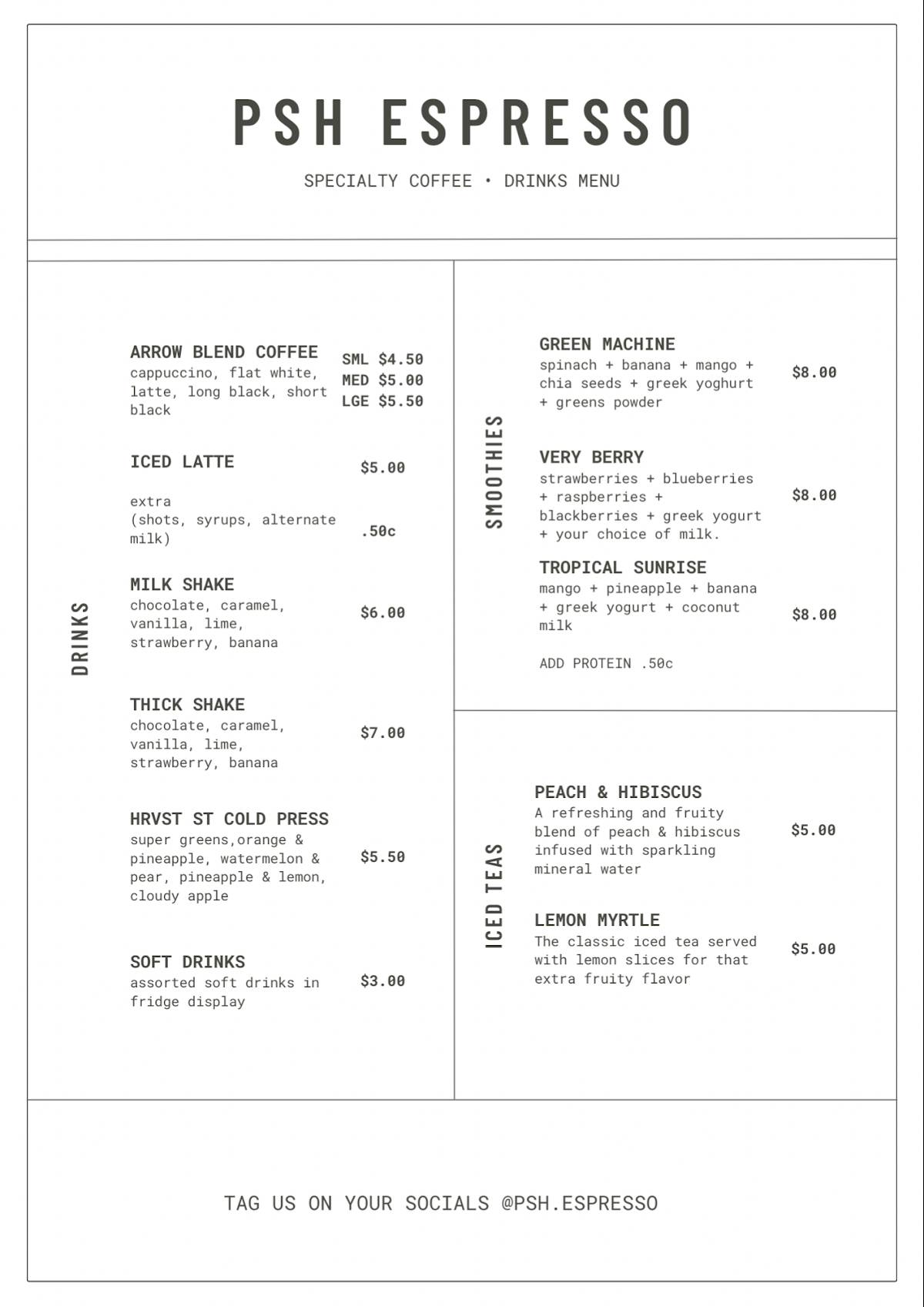 Menu at Polynesian Steam House / PSH Espresso restaurant, Bellmere