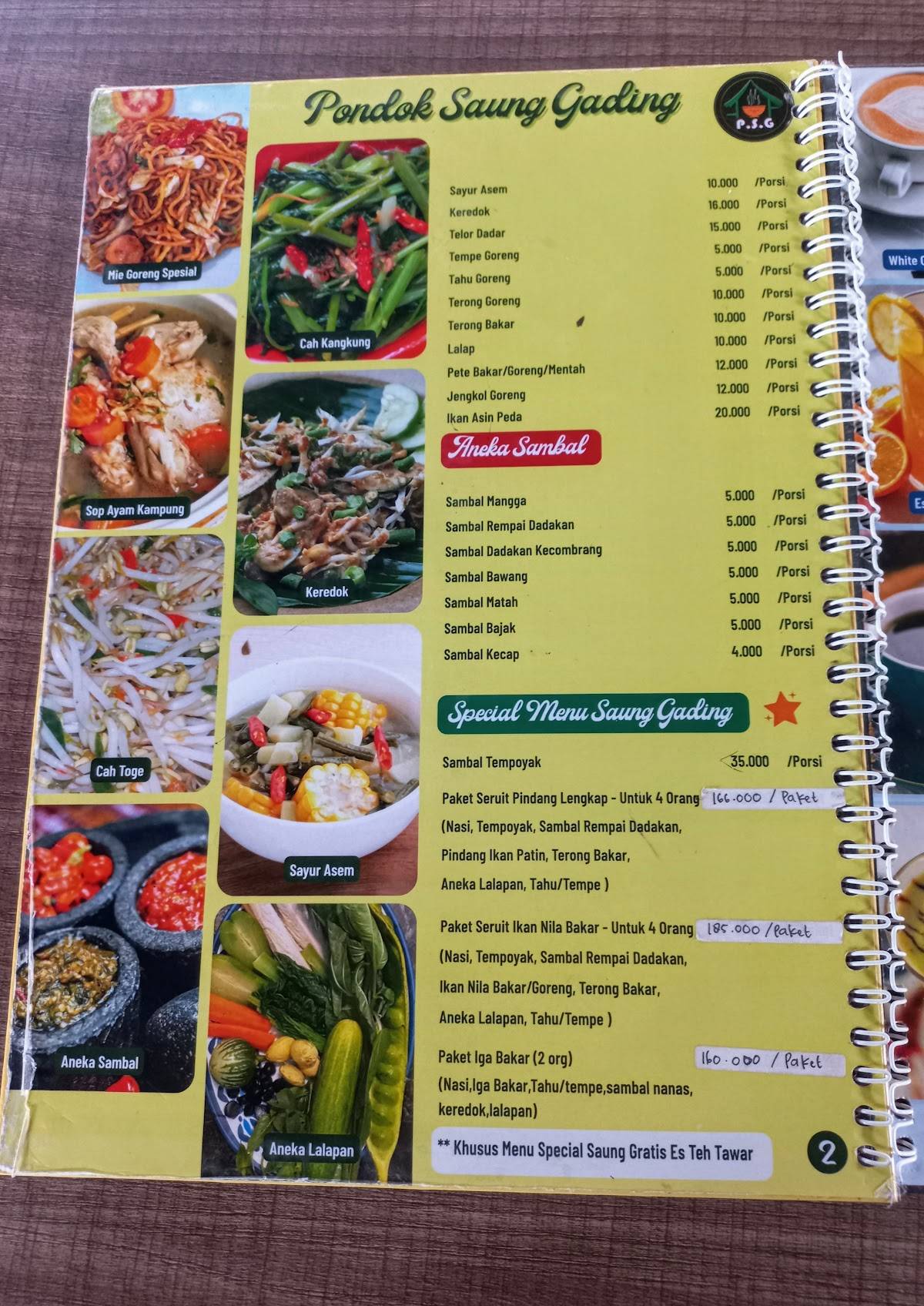 Menu at Pondok Saung Gading restaurant, Gelam Jaya