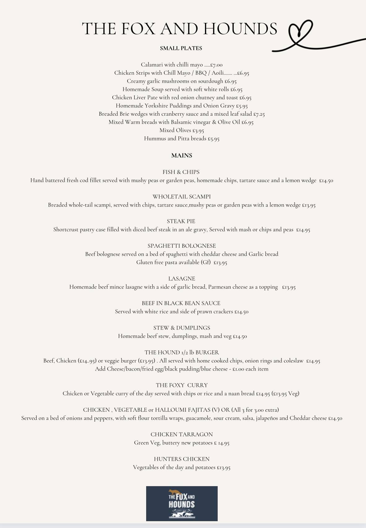 Menu at The Fox and Hounds restaurant, Pontefract, Doncaster Road