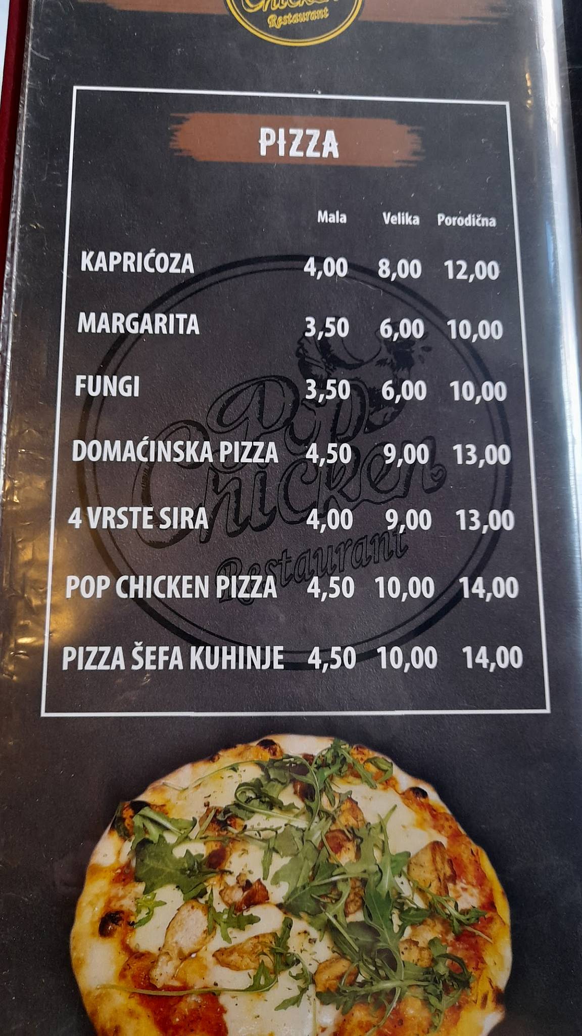 Menu at Pop Chicken restaurant, Prijedor