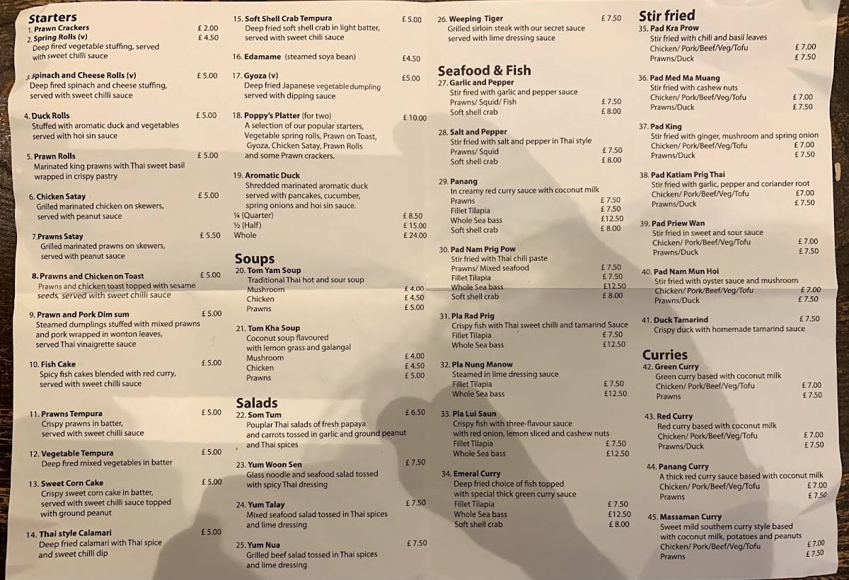 Menu at Poppy’s 2 restaurant, London, Greyhound Rd