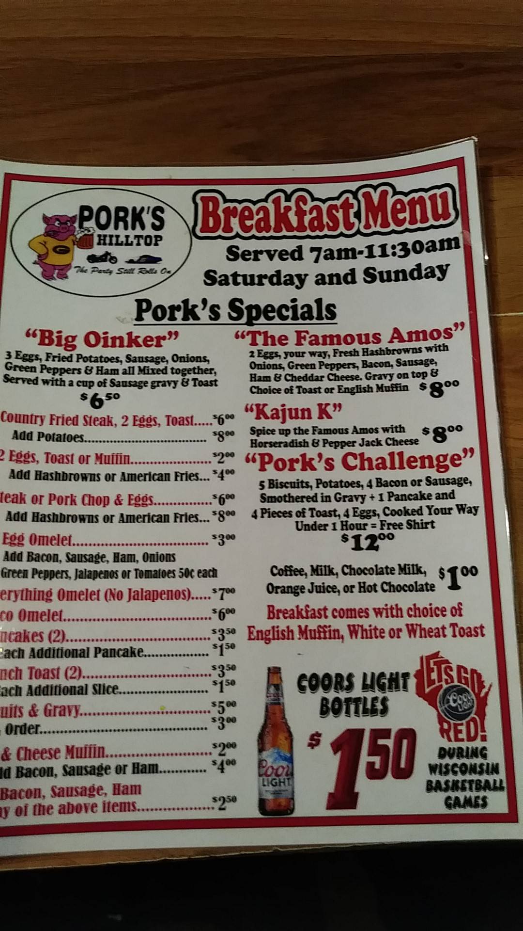 Menu at Pork's Bar, De Soto