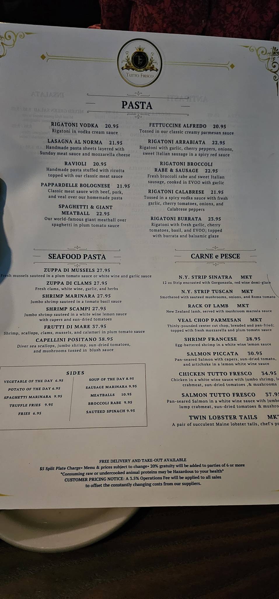 Menu at Tutto Fresco Restaurant, Port St. Lucie, Reserve Blvd