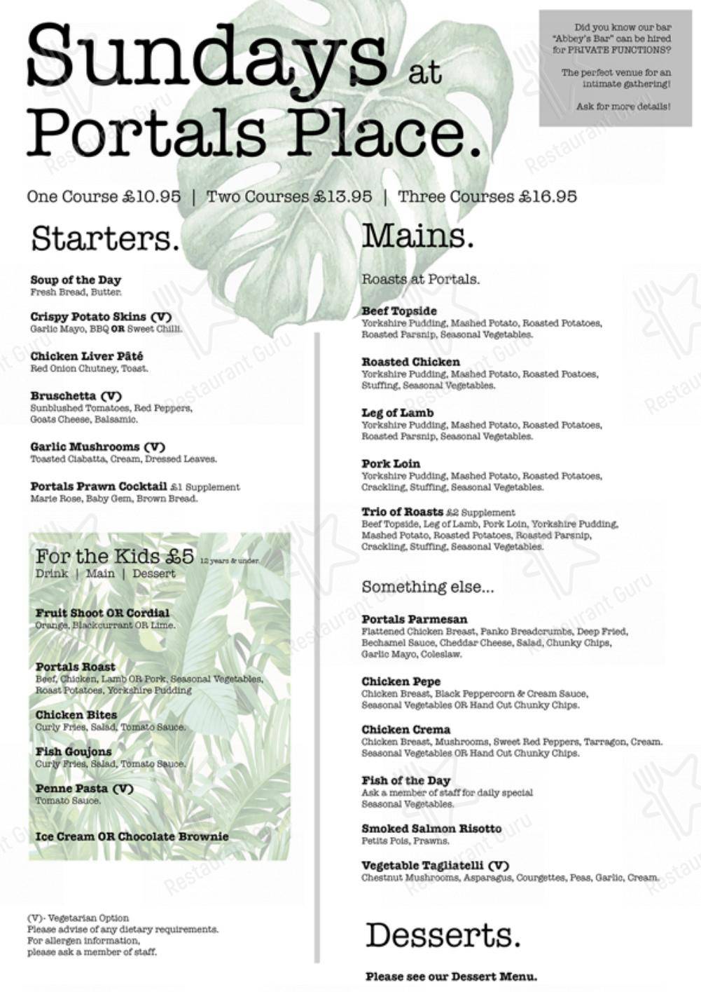 Menu at Portals Place restaurant, Hartlepool, 8 The Front