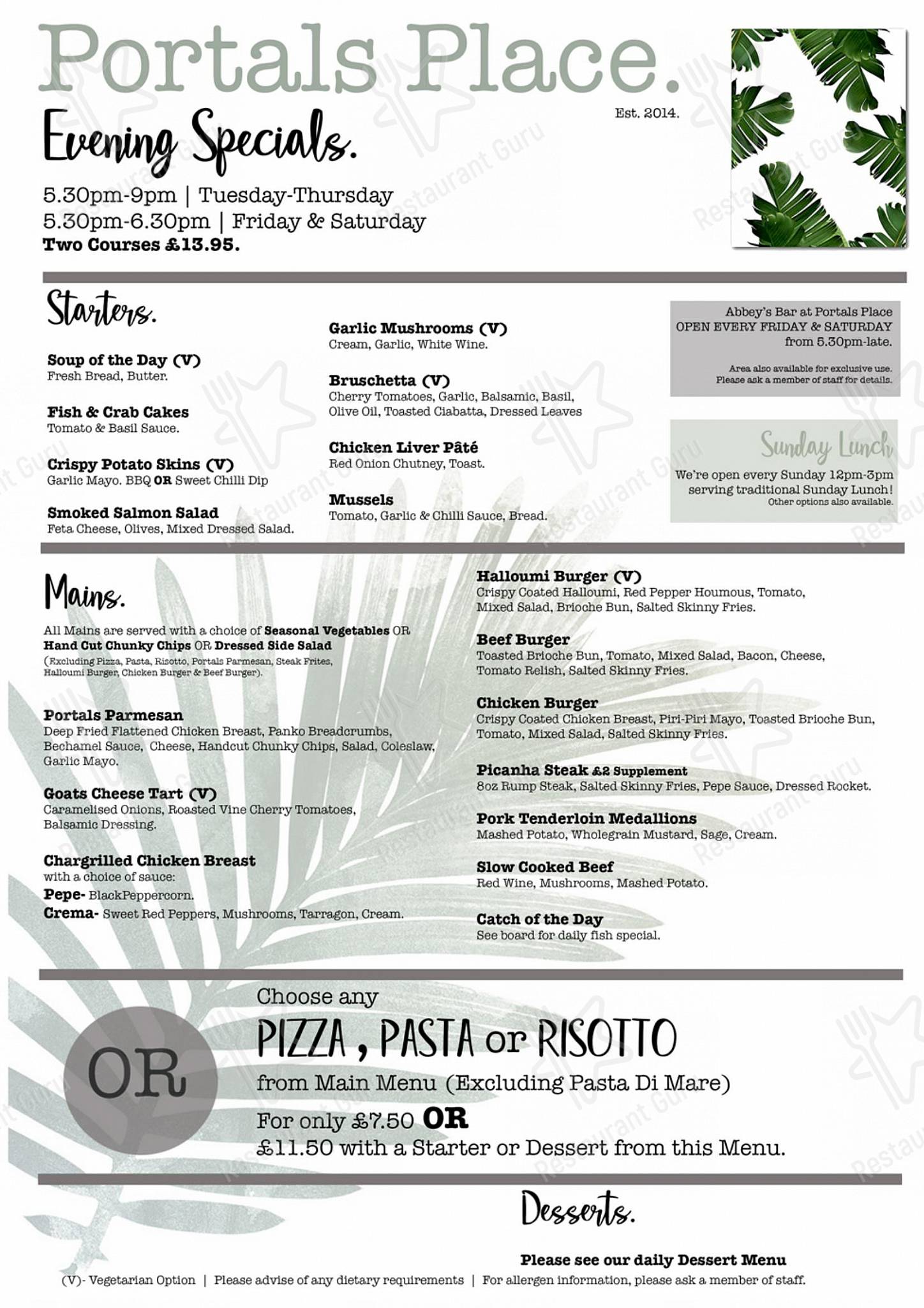 Menu at Portals Place restaurant, Hartlepool, 8 The Front