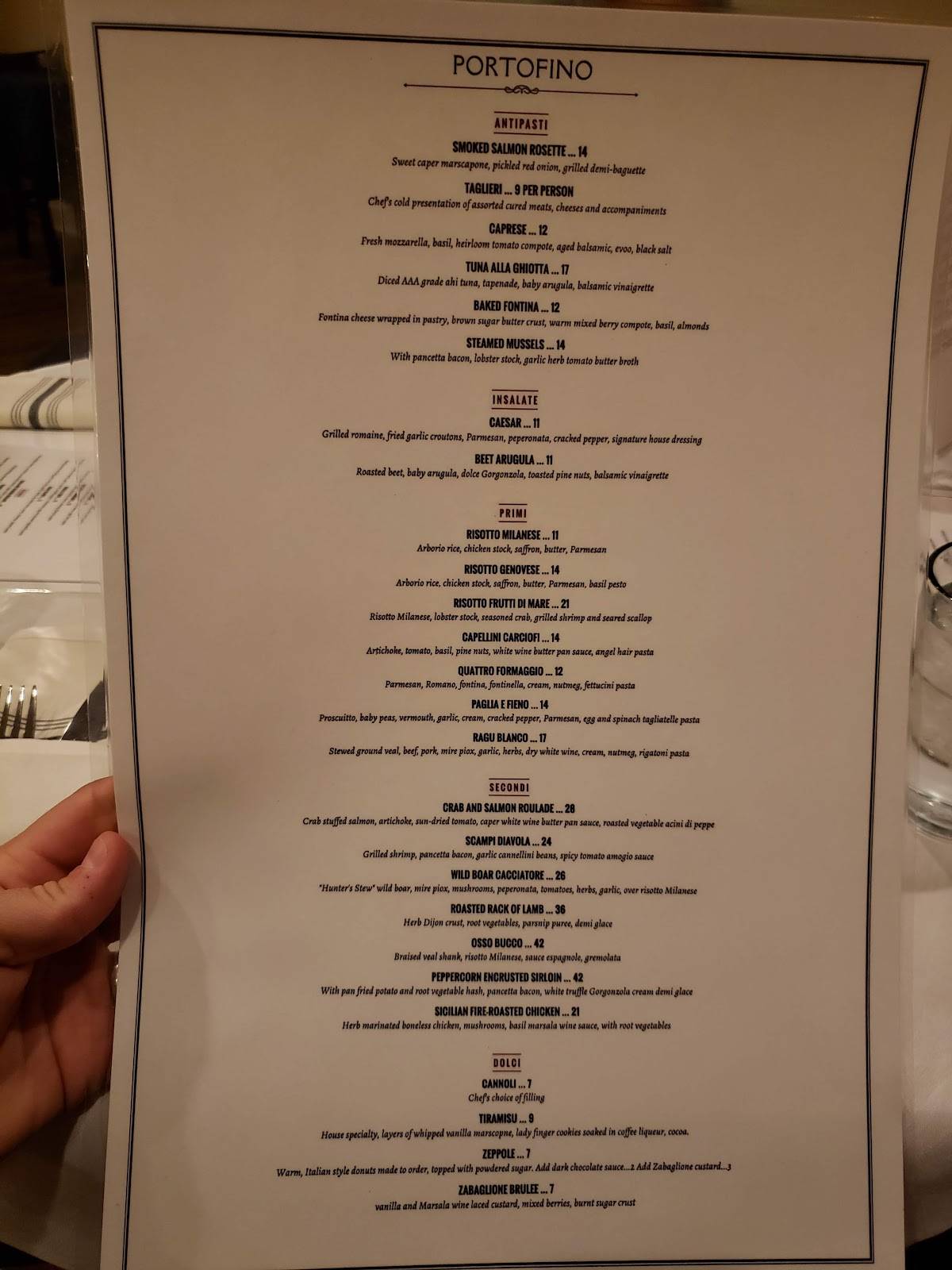 Menu at Portofino restaurant, Indianapolis
