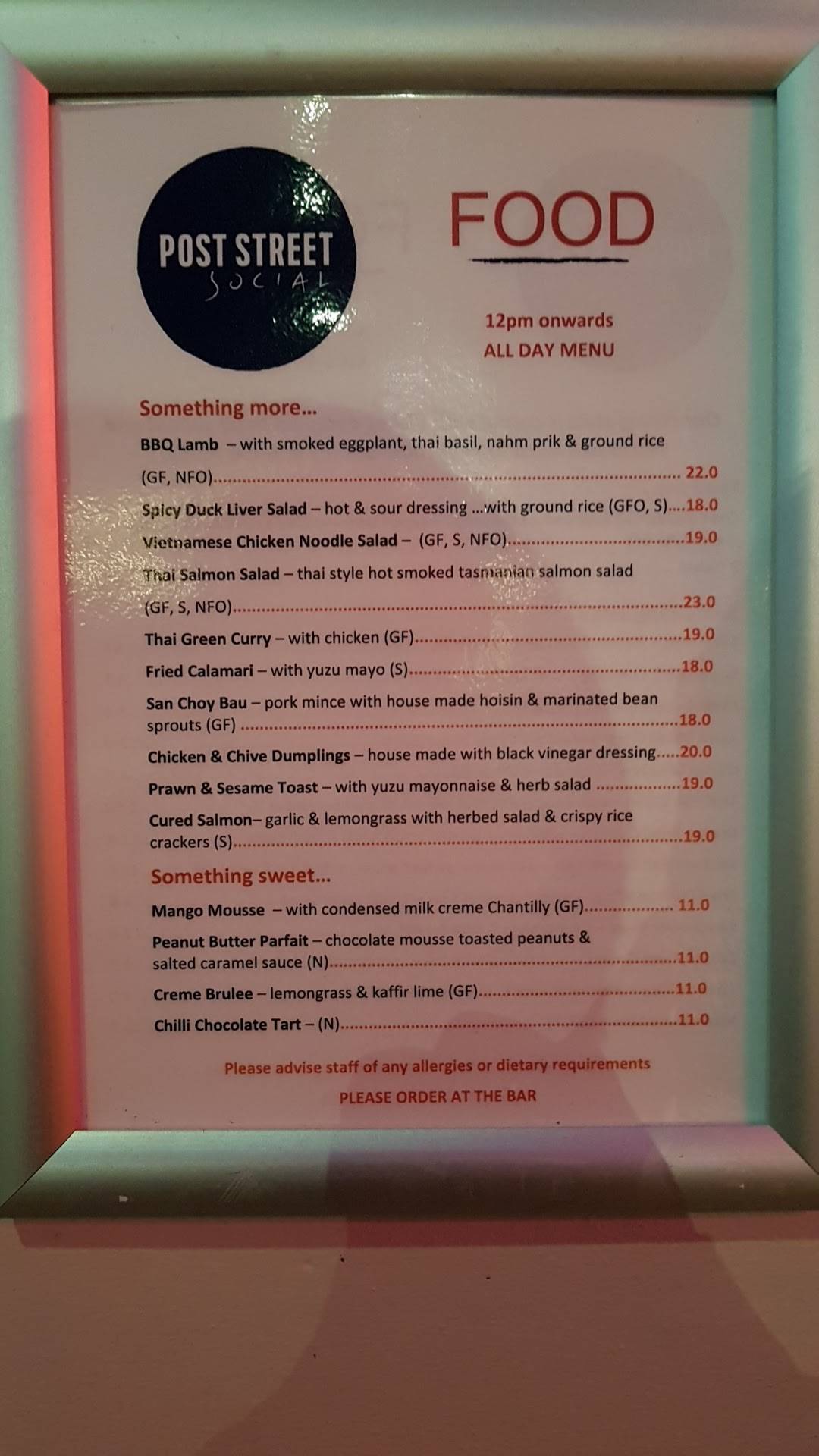 Carta del pub y bar Post Street Social, Hobart