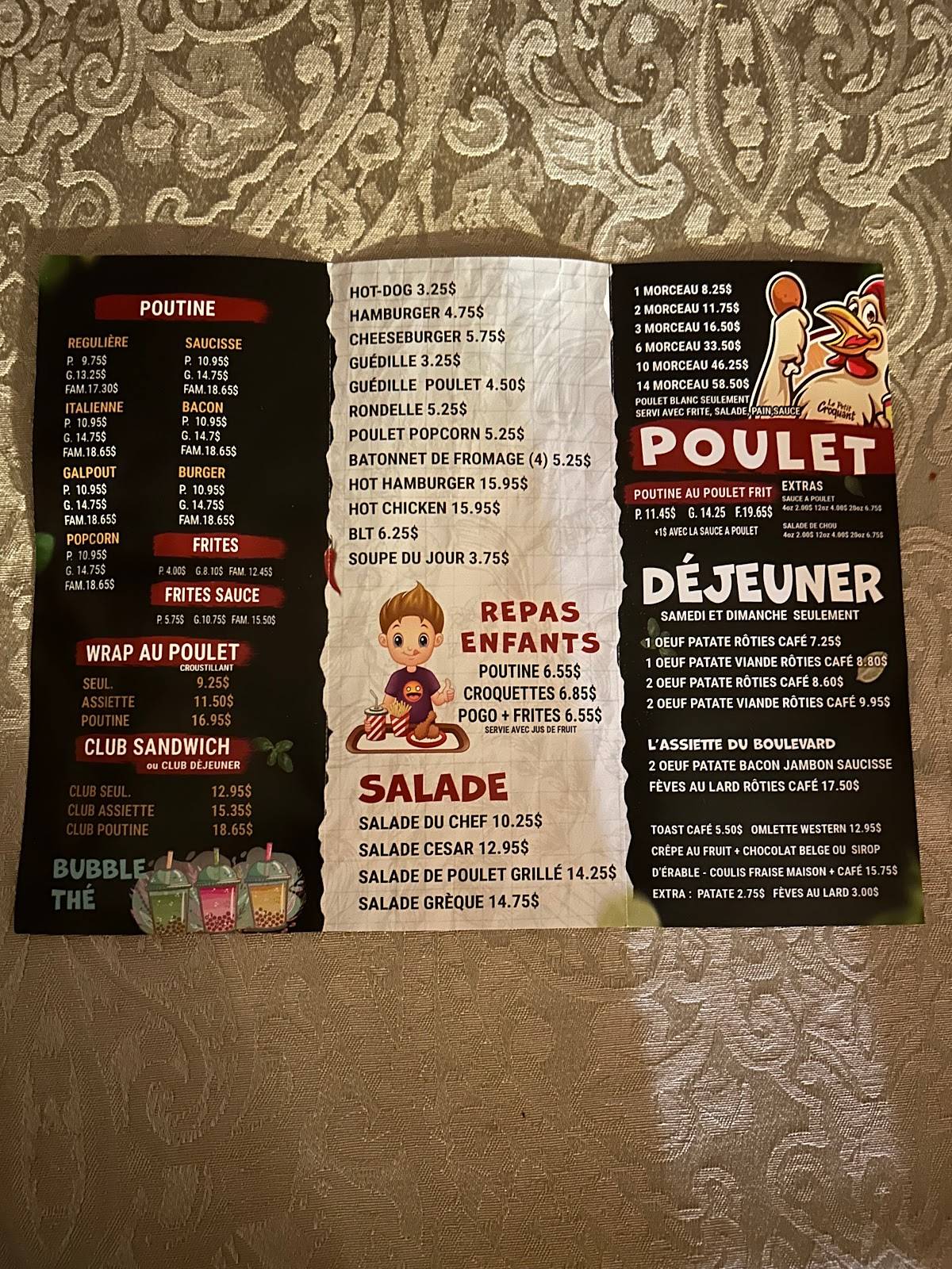 Menu au Poulet Frit du boulevard restaurant, Asbestos