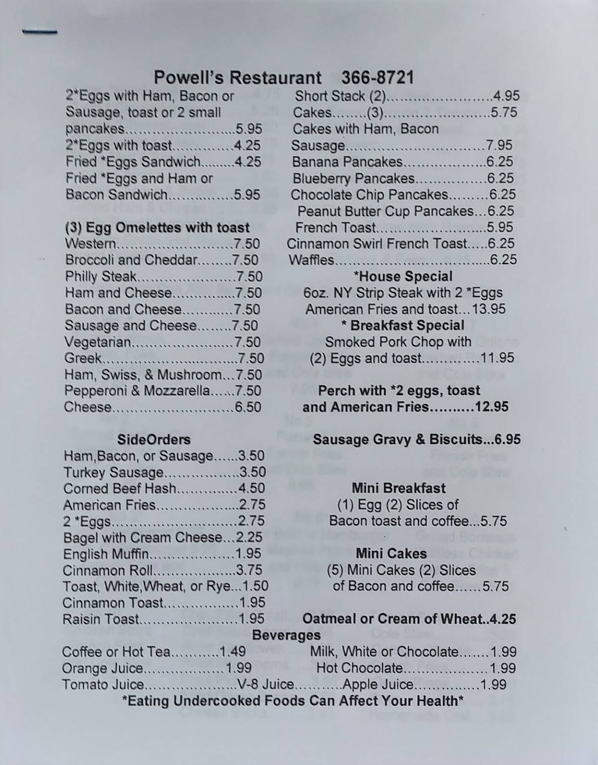 Menu at Powell's Restaurant, Houghton Lake, W Houghton Lake Dr # A