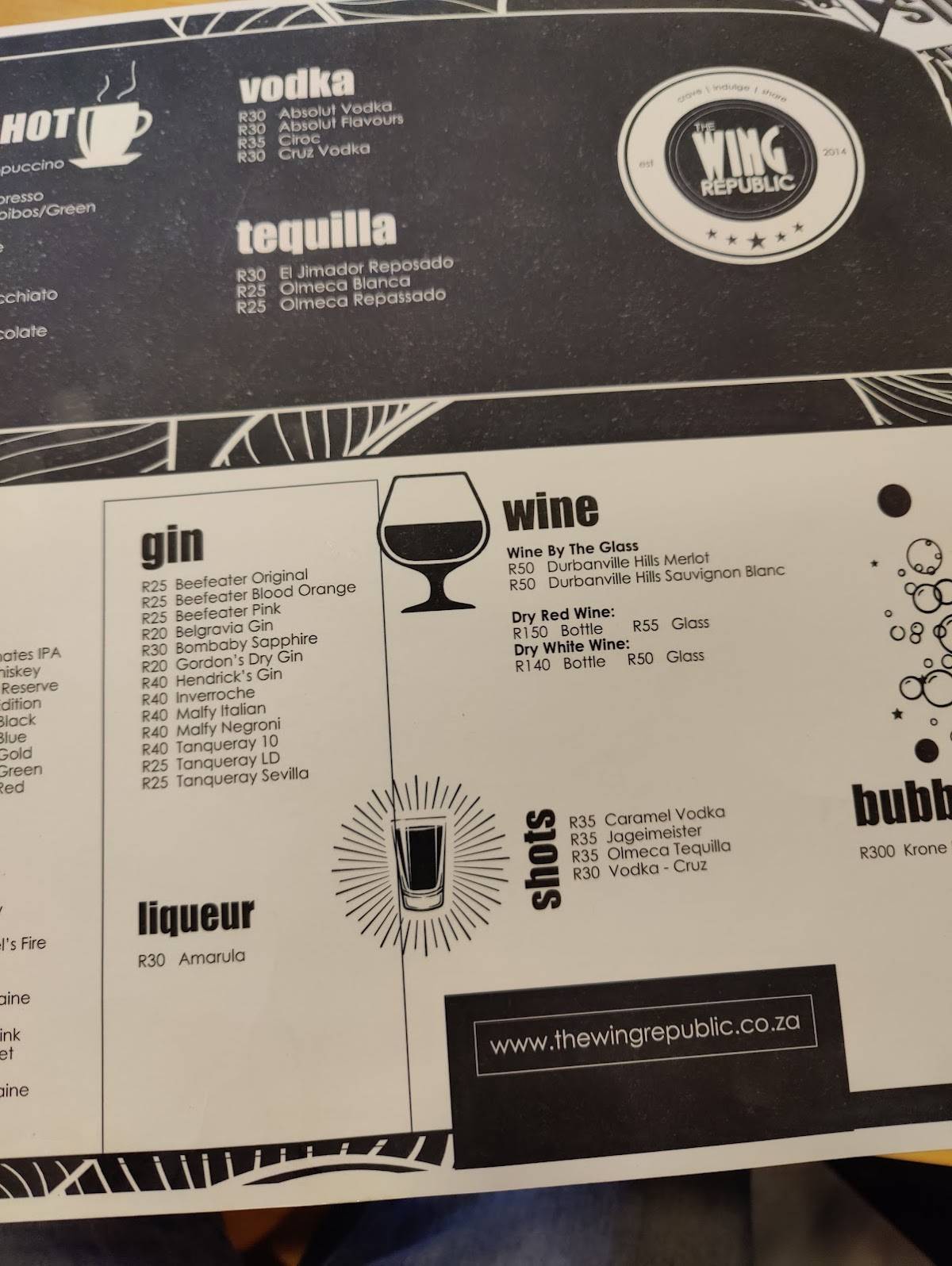 Menu at The Wing Republic - Pretoria, Pretoria