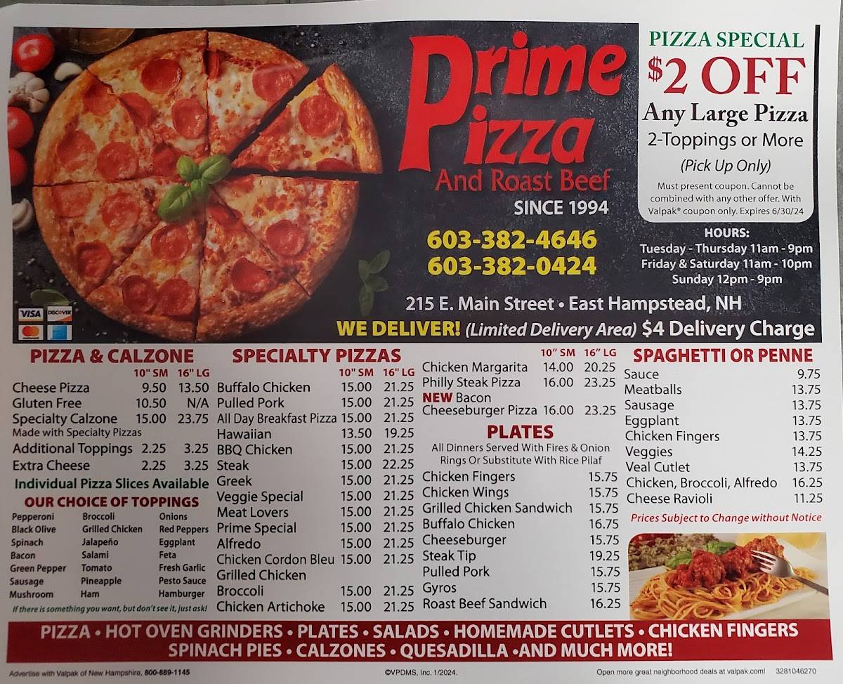 Menu at Prime Pizza and Roast Beef Blue House pizzeria, Hampstead