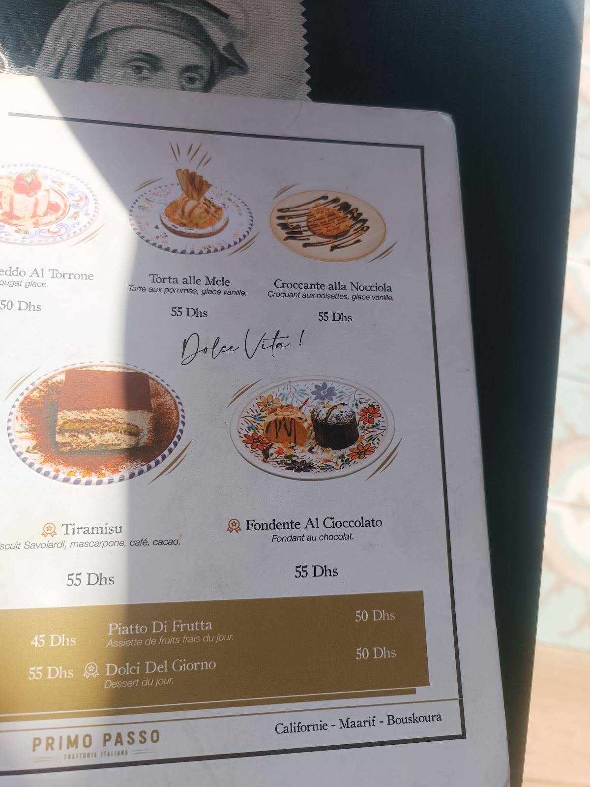 Menu au Primo Passo restaurant, Bouskoura