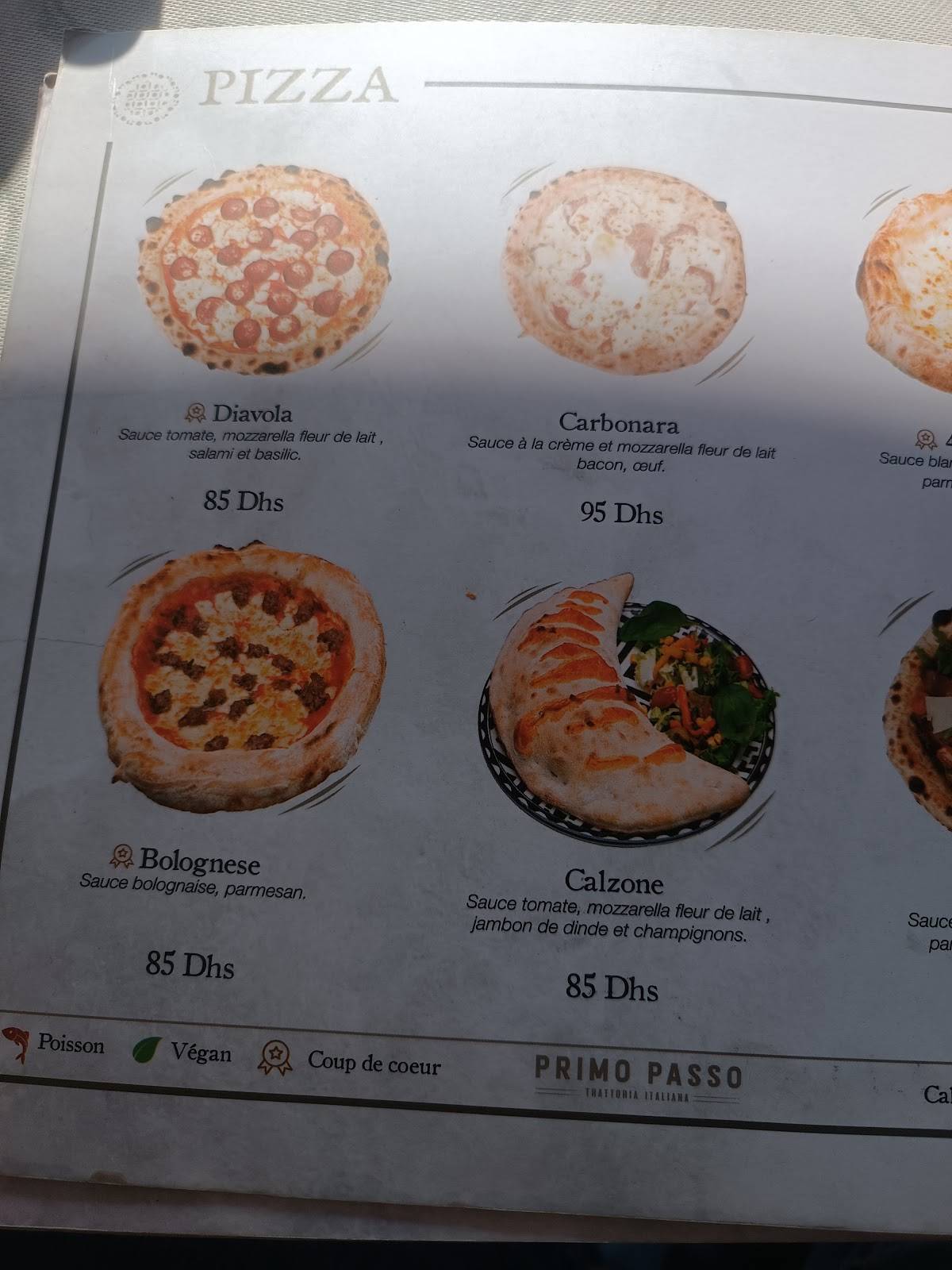 Menu au Primo Passo restaurant, Bouskoura