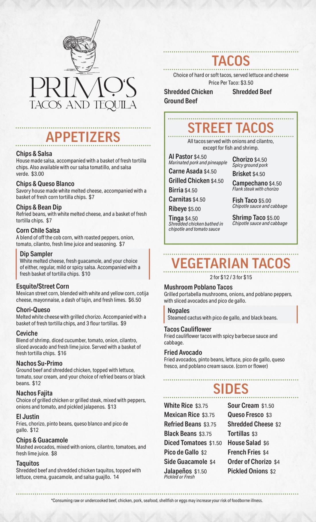 Menu at Primo’s Tacos & Tequila pub & bar, West Mifflin
