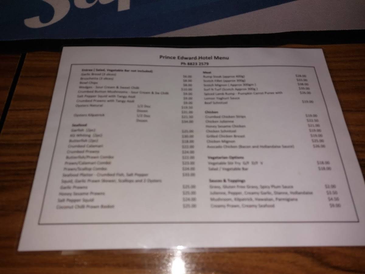 Menu at Prince Edward Hotel pub & bar, Wallaroo