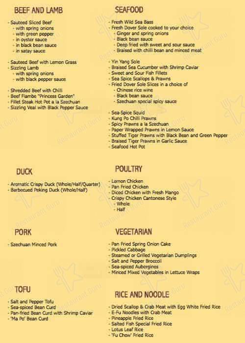 Menu at Princess Garden restaurant, London, 8-10 N Audley Street