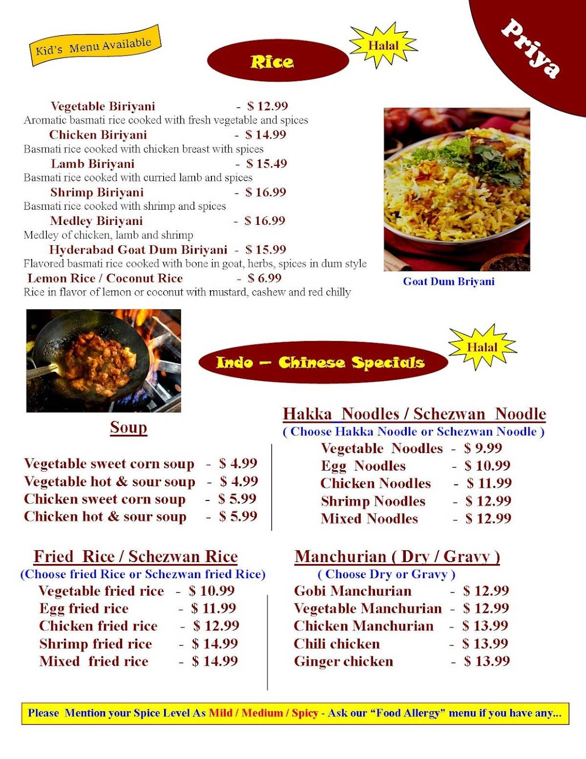Menu at Priya Indian Cuisine desserts, Chicopee