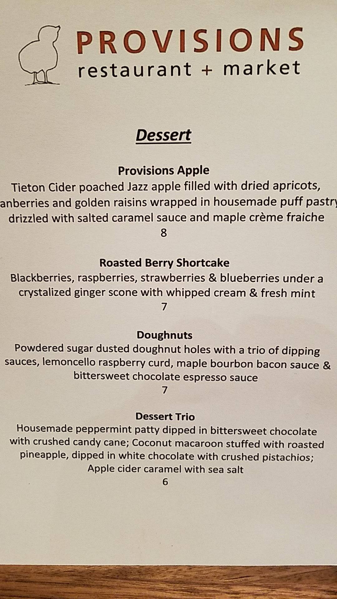 Menu at Provisions Restaurant and Market, Yakima