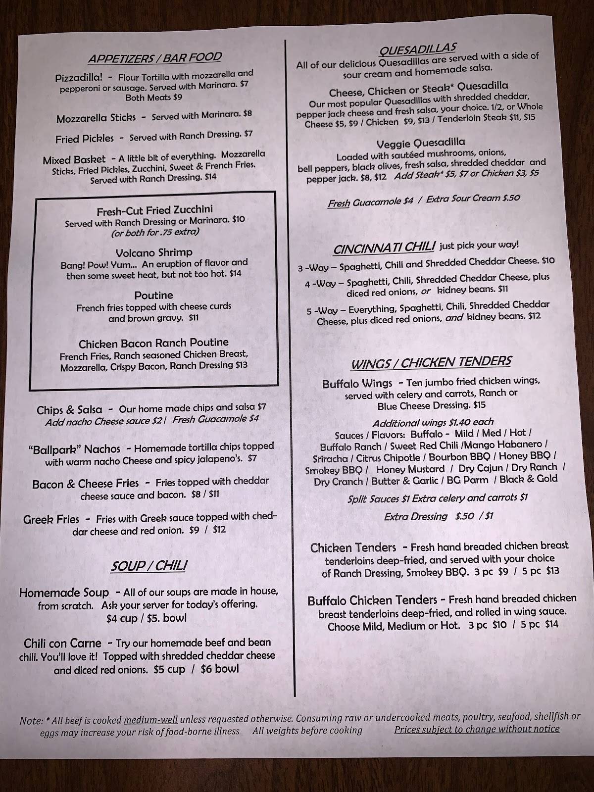 Menu at Pub 20 / The Ruffed Grouse, North East