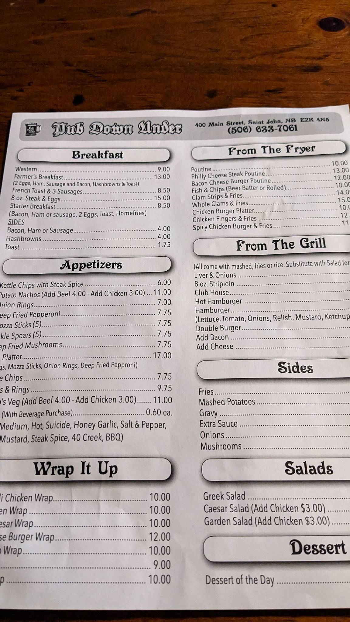 Menu at Pub Down Under, Saint John, 400 Main St