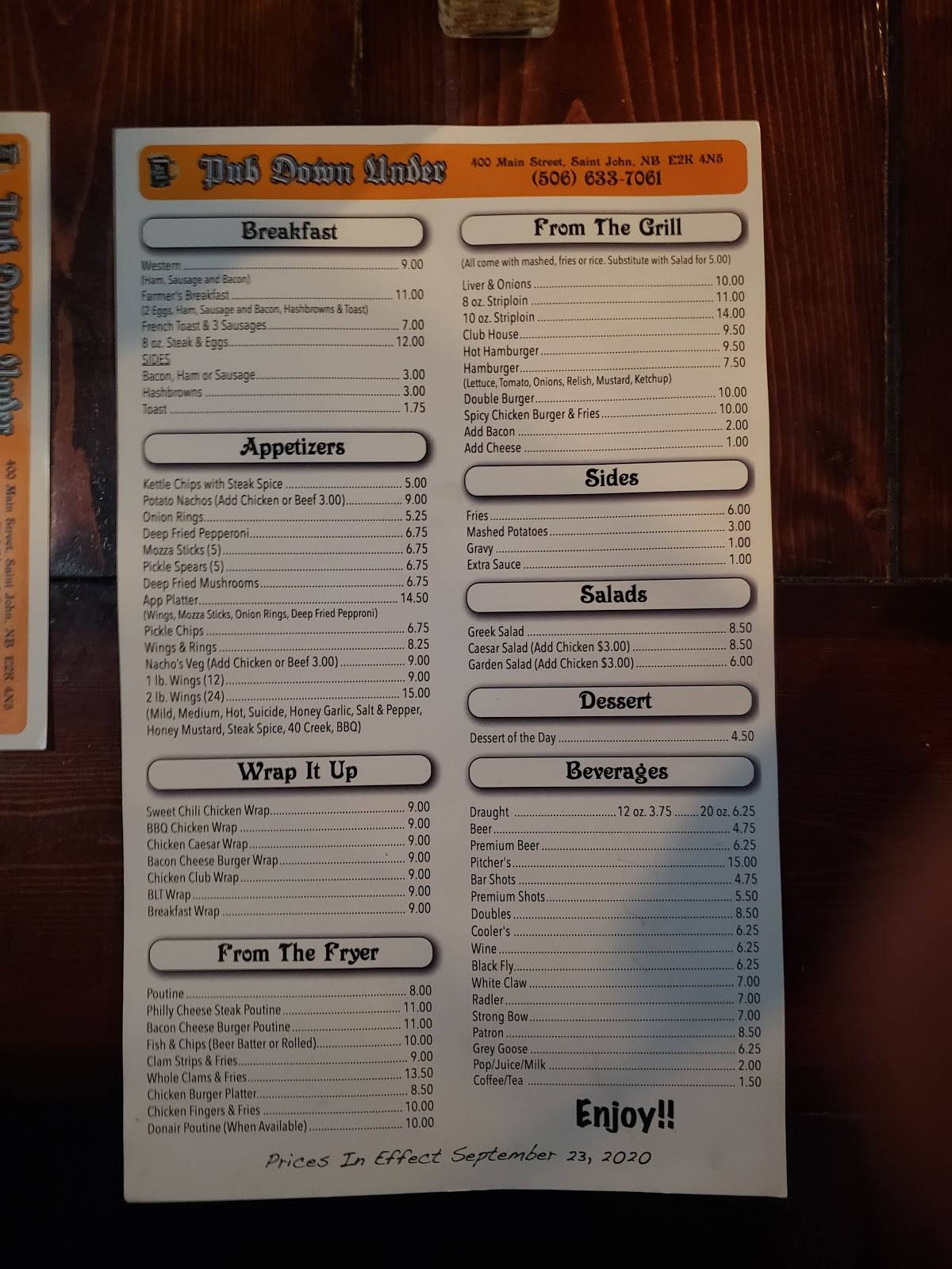 Menu at Pub Down Under, Saint John, 400 Main St