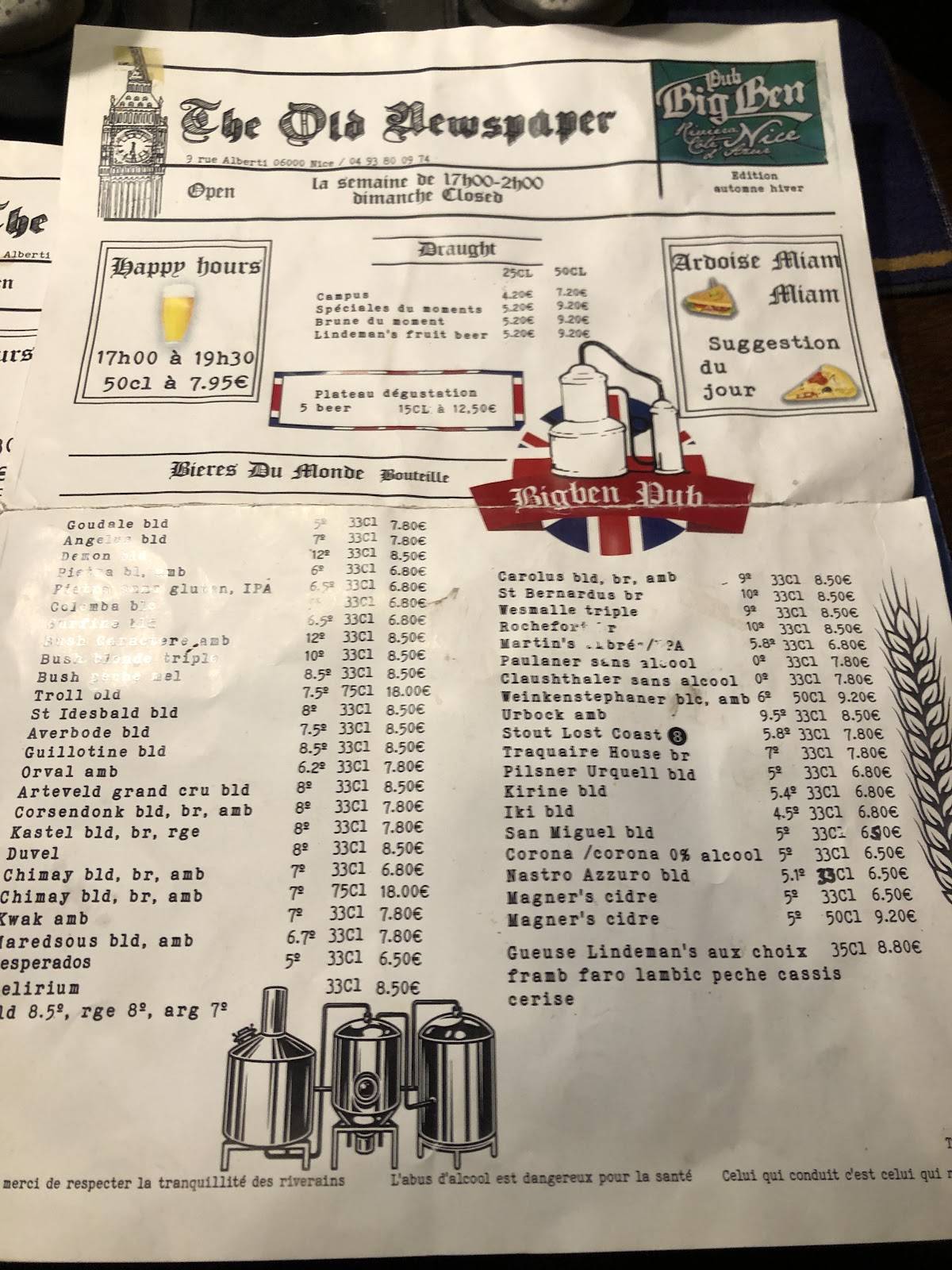 Menu at Pub Le Big Ben, Nice
