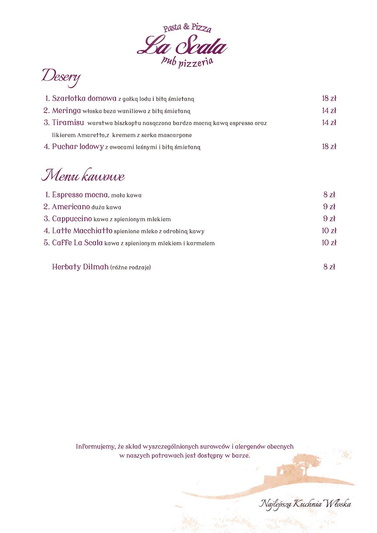 Menu at Pub Pizzeria La Scala, Świdnik