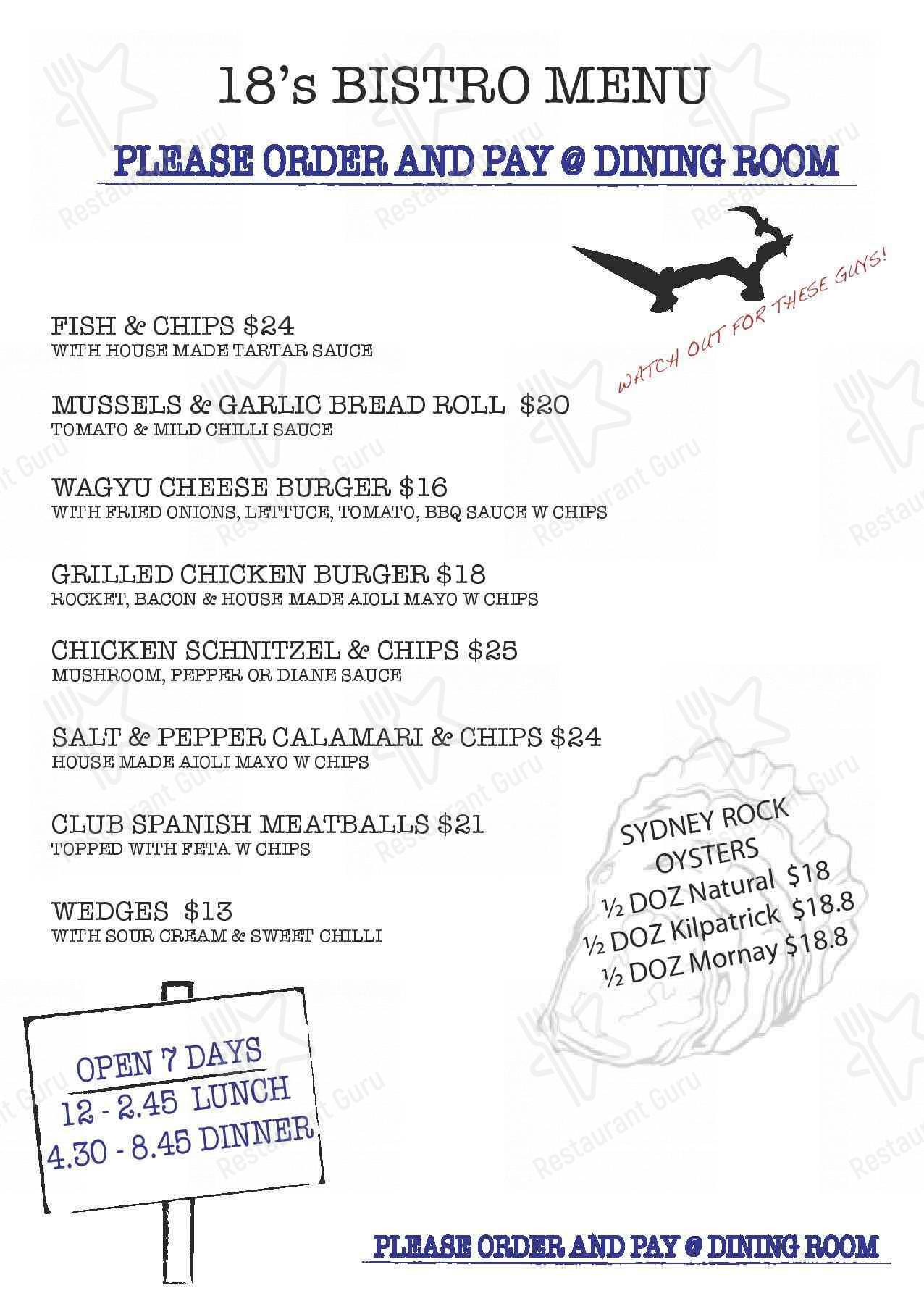 Menu at 18 Footers Bar, Restaurant & Cafe, Double Bay