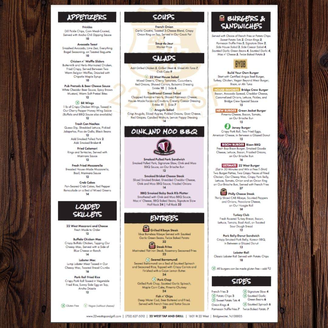 Menu at 22 West Tap and Grill pub & bar, Bridgewater, US-22