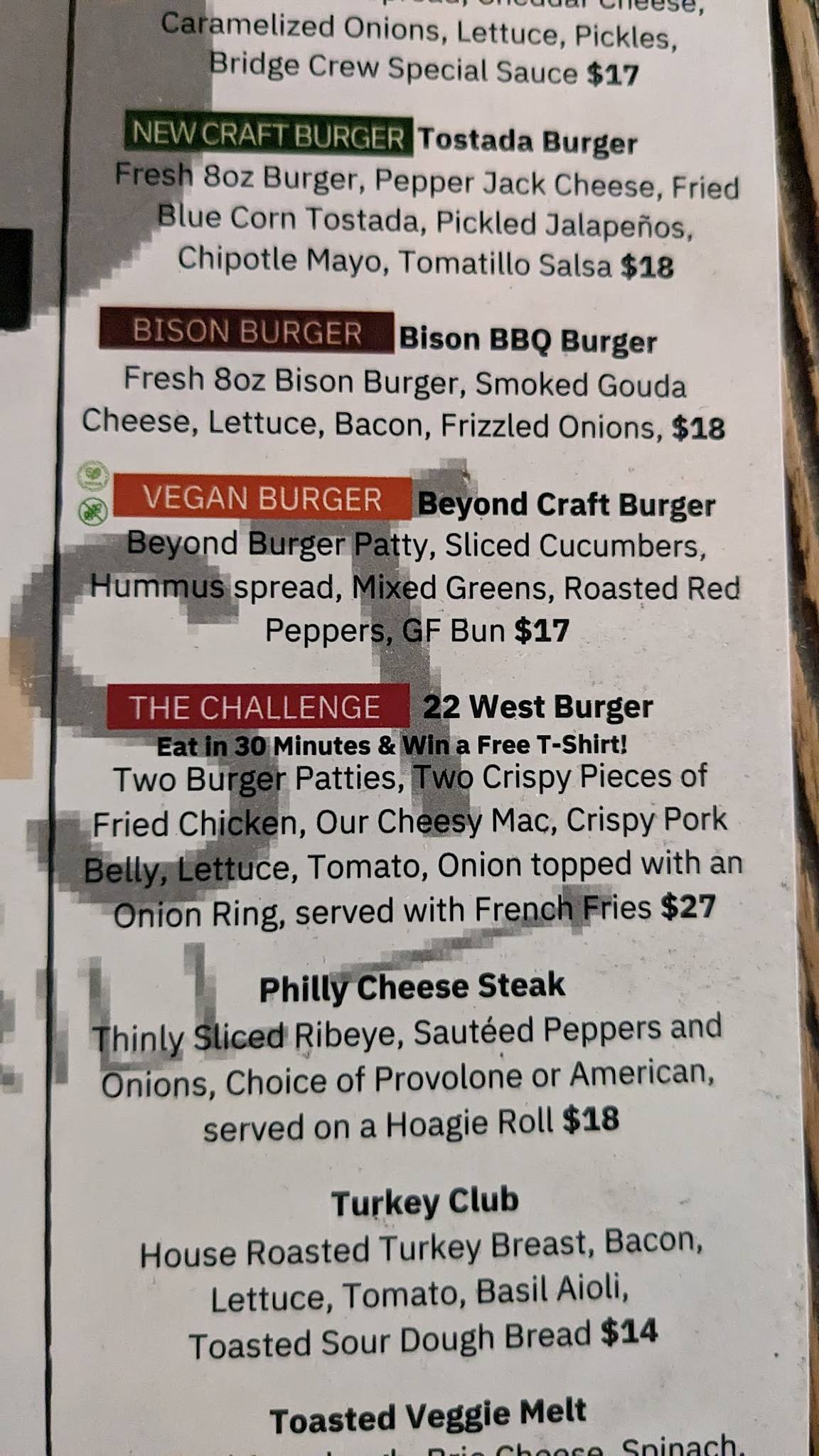 Menu at 22 West Tap and Grill pub & bar, Bridgewater, US-22