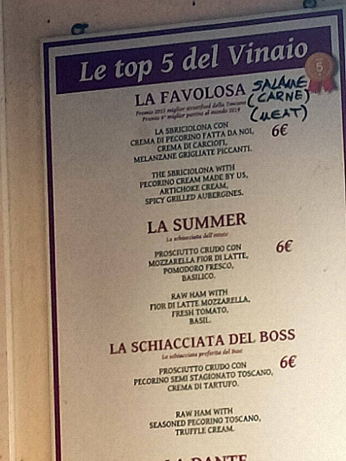 Menu at All’Antico Vinaio cafe, Florence