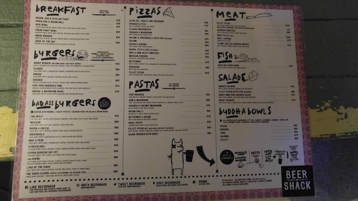 Menu at BeerShack pub & bar, Port Elizabeth, Dolphin's Leap