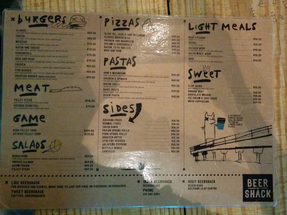 Menu at BeerShack pub & bar, Port Elizabeth, Dolphin's Leap