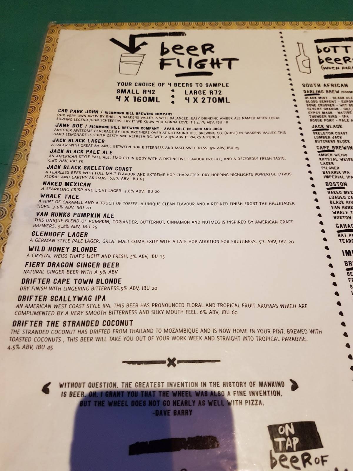 Menu at BeerShack pub & bar, Port Elizabeth, Dolphin's Leap