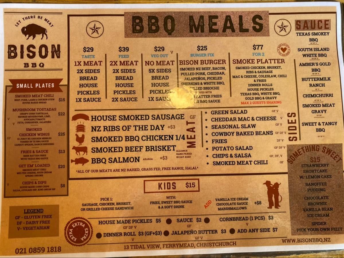 Menu at Bison BBQ, Christchurch